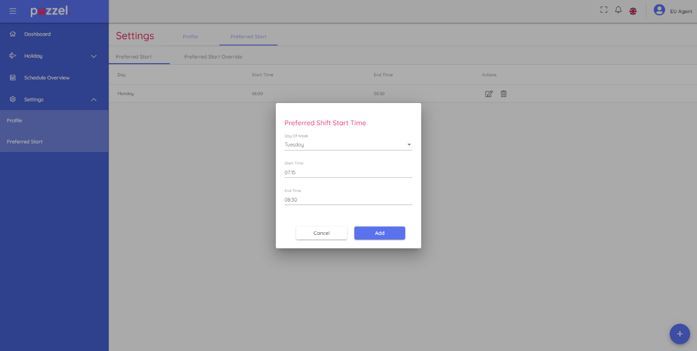 Requesting preferred shift start time | Puzzel Help Centre